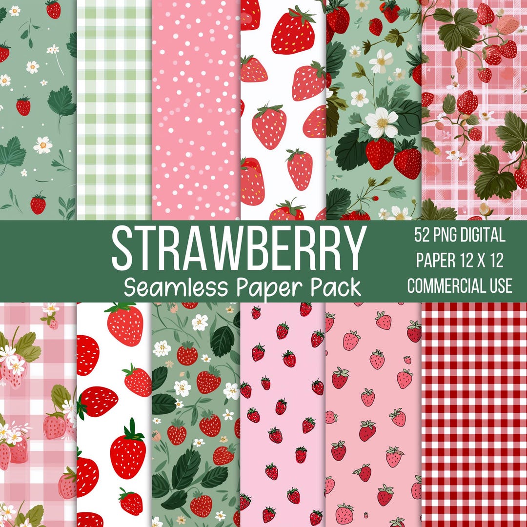 Strawberry Themed Digital Papers, Seamless Patterns for Commercial Use ...
