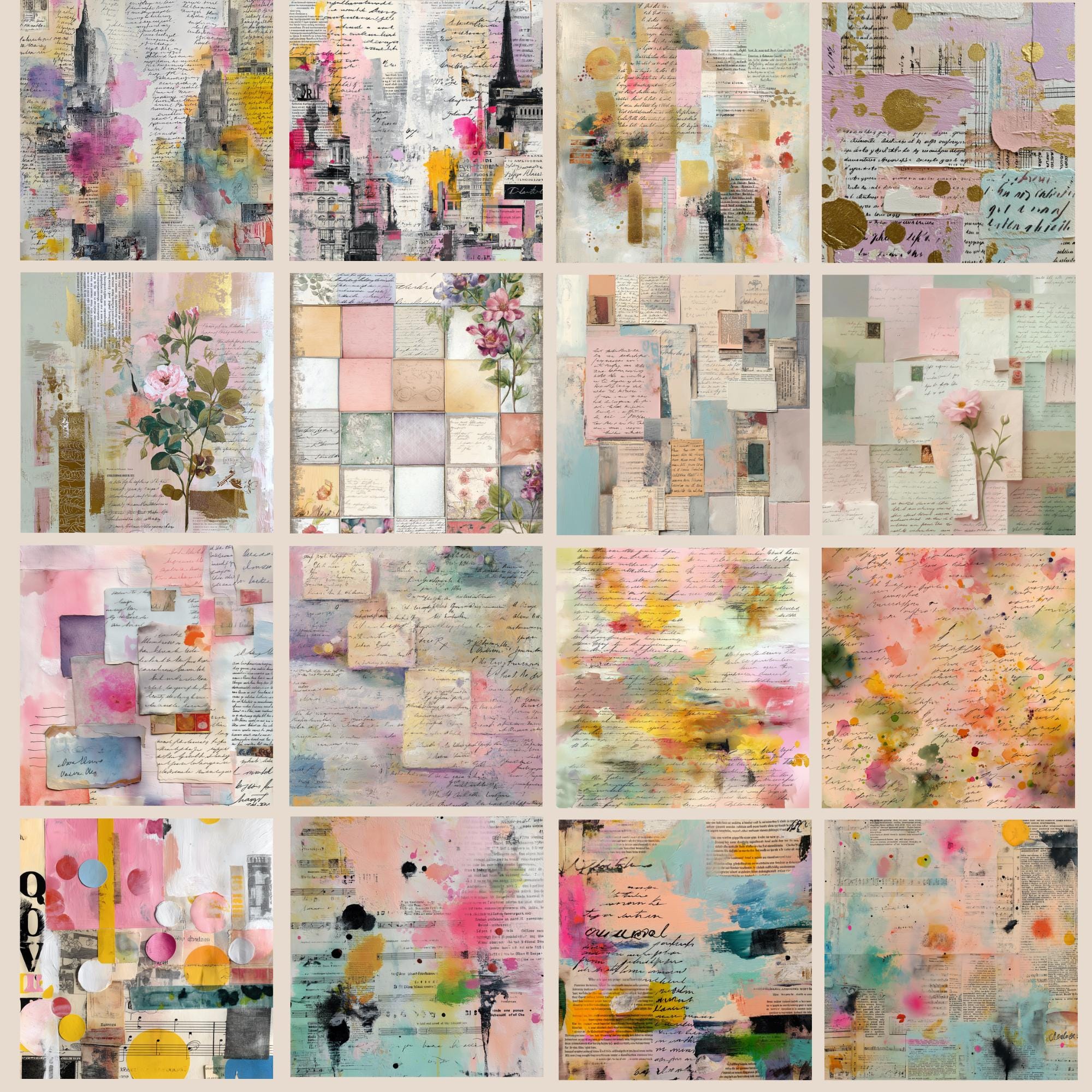 100+ Pastel Scribbles Junk Journal Kit, Backdrop Rustic Papers, Dots ...