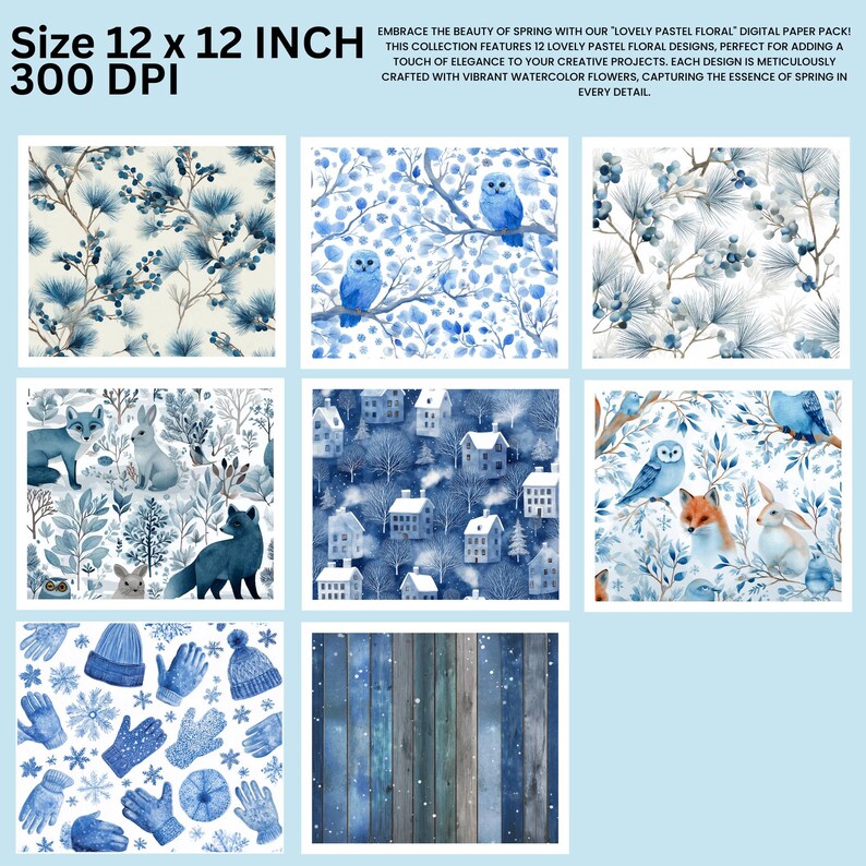 50+ Blue Winter Digital Patterns, Watercolor Snow Digital Papers ...