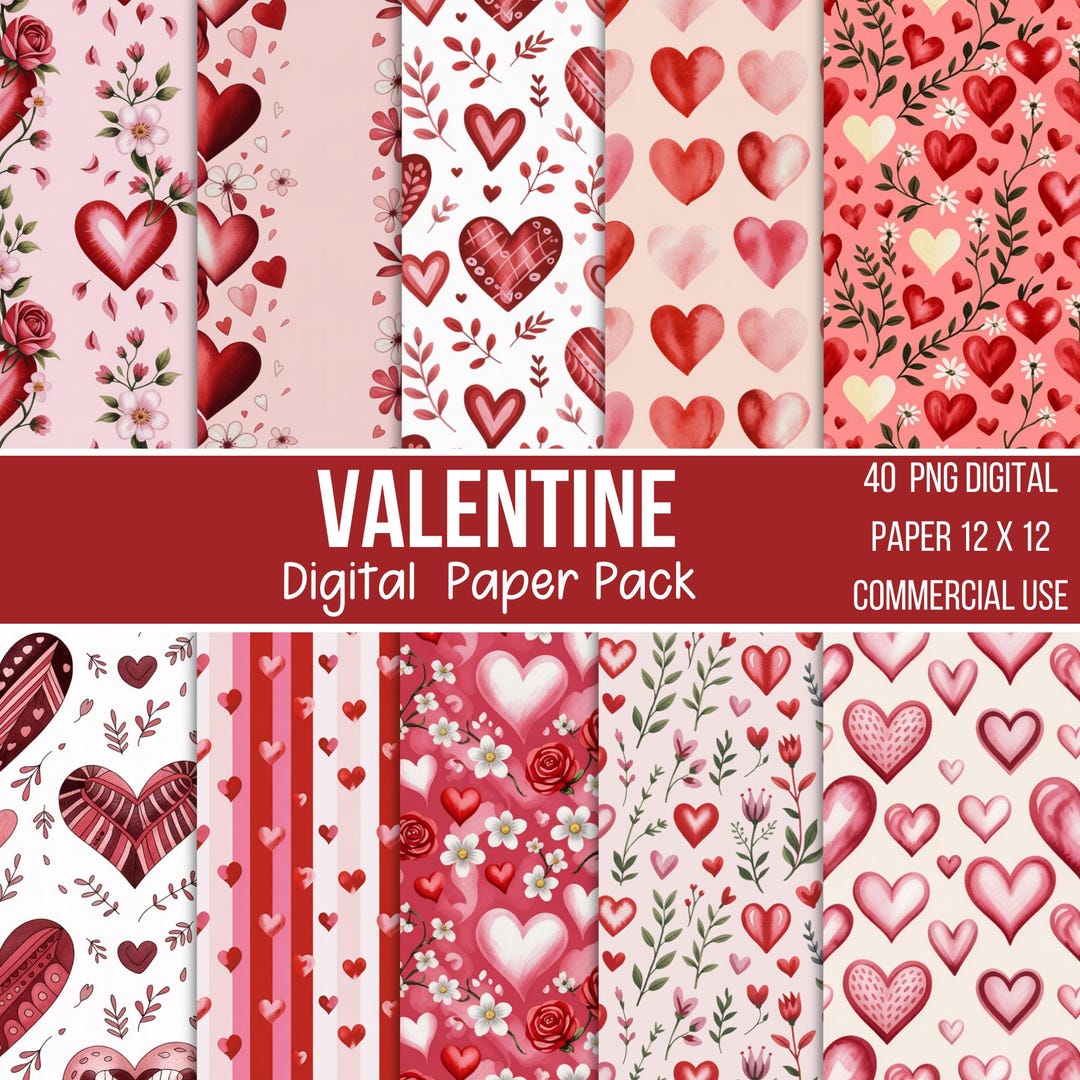 40 Love Seamless Digital Papers, Valentine's Day Hearts, Floral ...