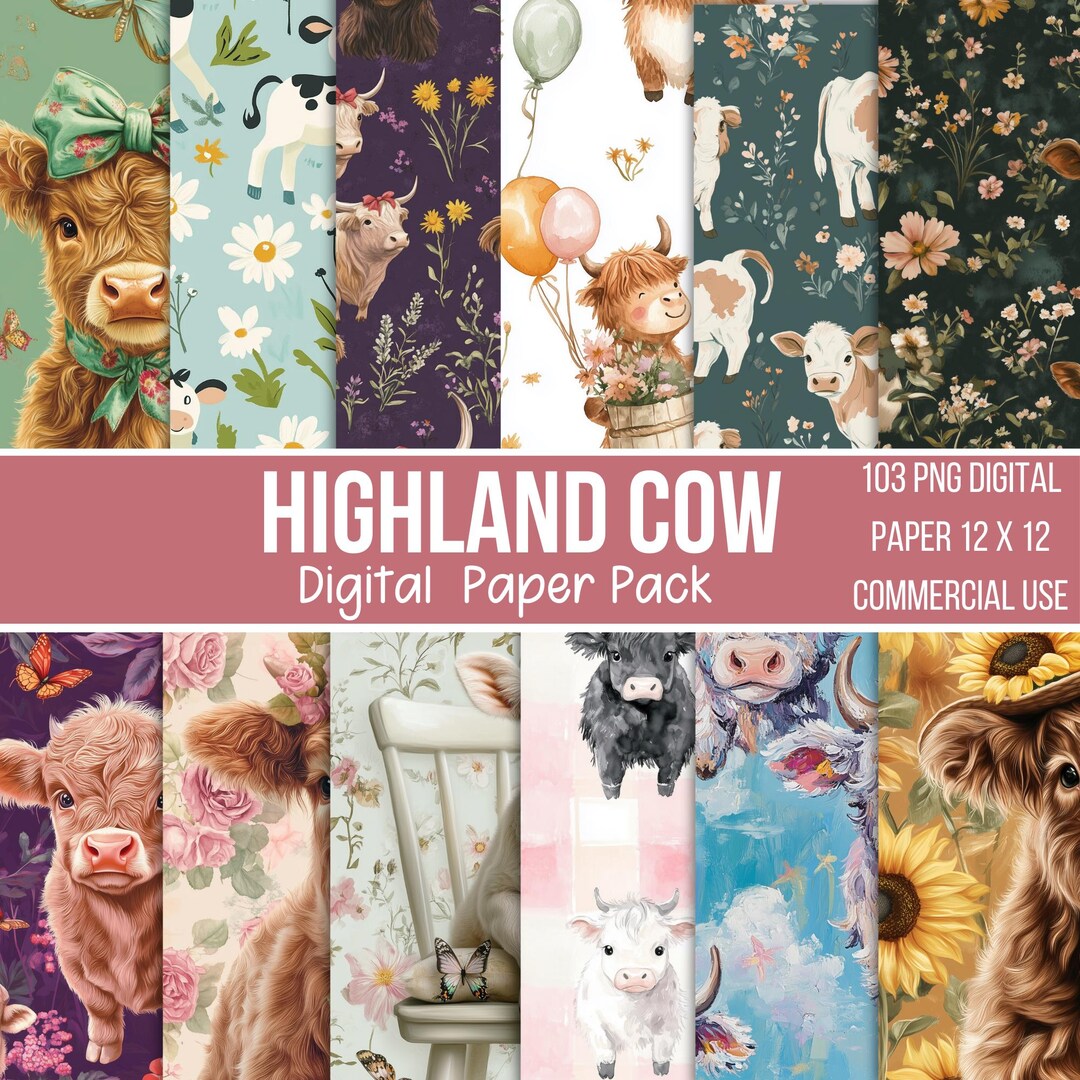 Highland Cow Printable Papers, Baby Cow Nursery Art, Junk Journal ...