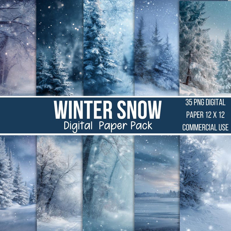 50+ Winter Snow Digital Paper, Fantasy Landscape Backdrop, Snowflakes ...