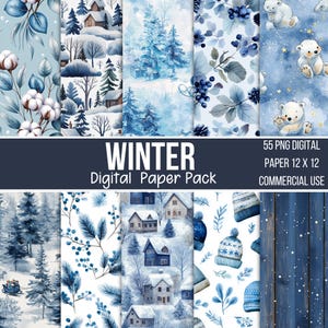 50+ Blue Winter Digital Patterns, Watercolor Snow Digital Papers ...