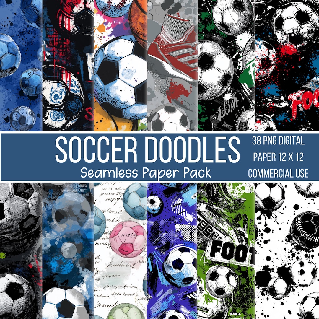 Soccer Doodles Seamless Digital Paper, Football Themes Digital Papers ...