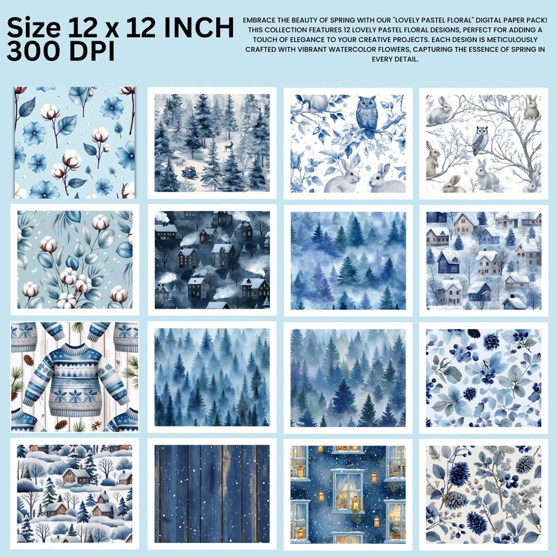50+ Blue Winter Digital Patterns, Watercolor Snow Digital Papers ...