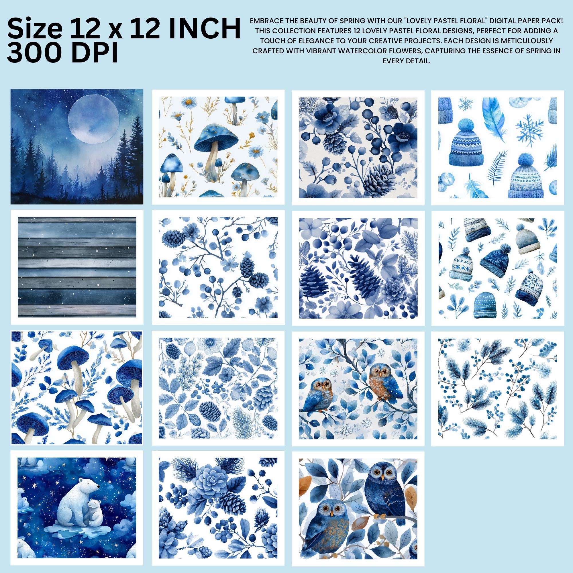 50+ Blue Winter Digital Patterns, Watercolor Snow Digital Papers ...