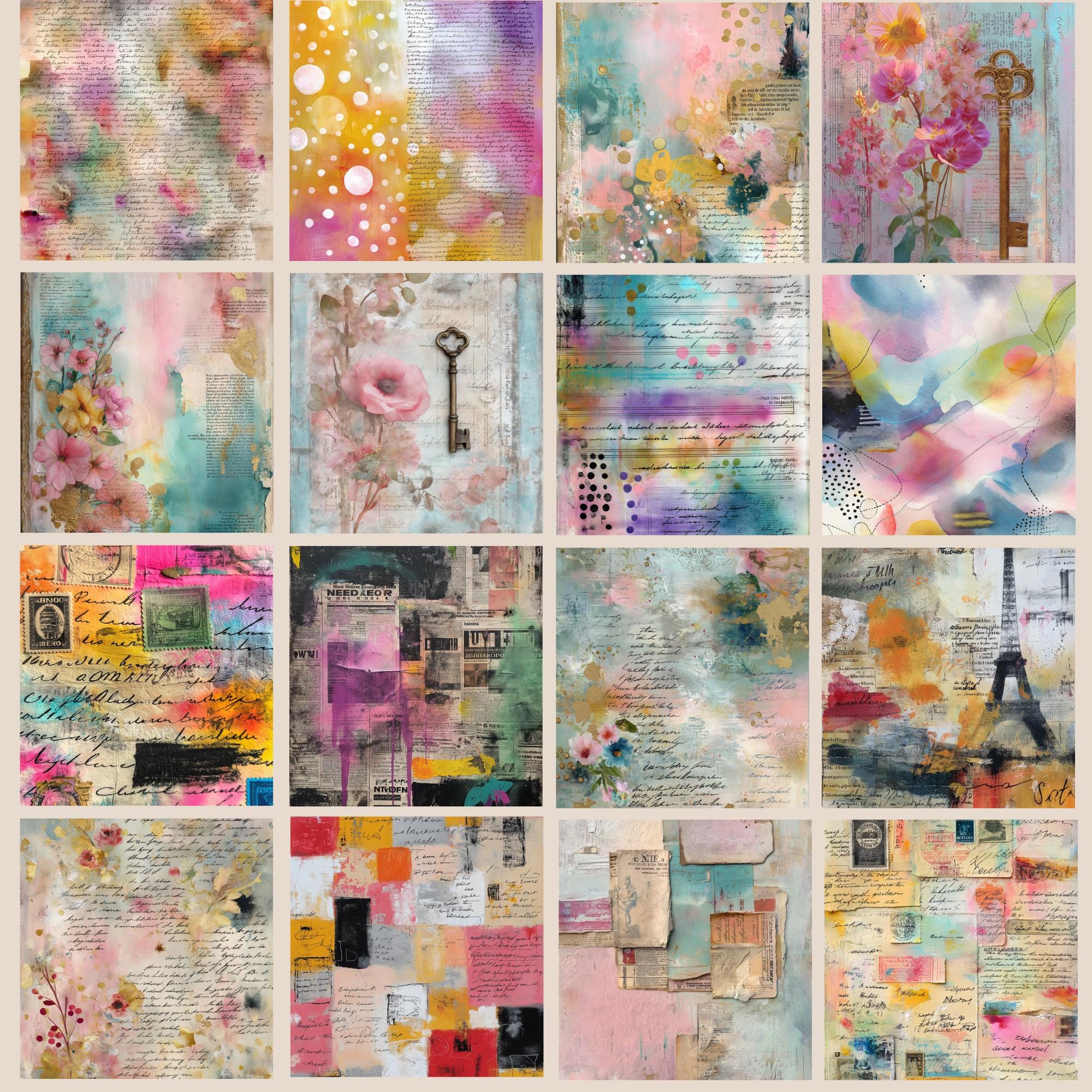 100+ Pastel Scribbles Junk Journal Kit, Backdrop Rustic Papers, Dots ...