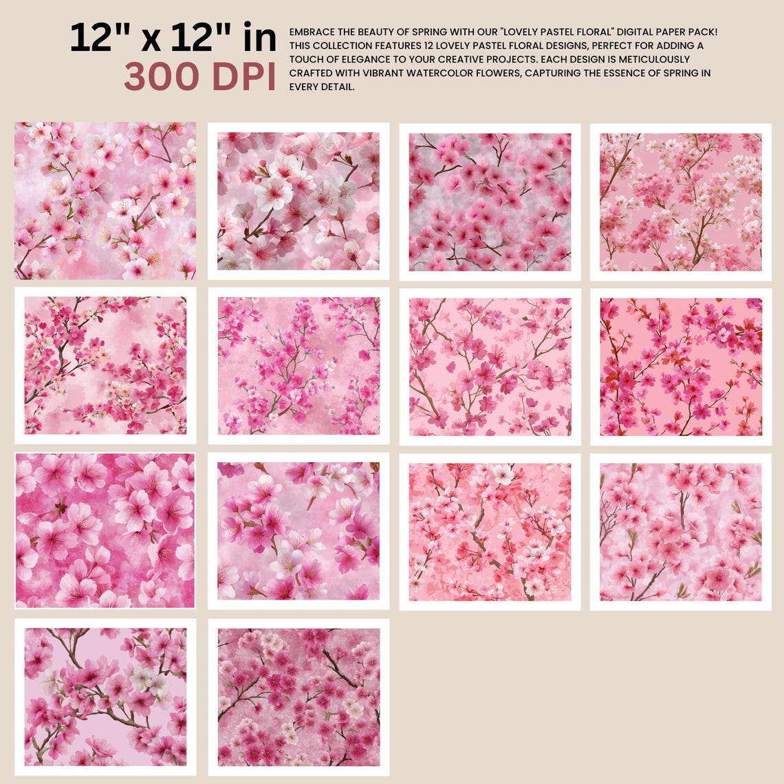Cherry Blossom Patterns, Pink Floral Digital Papers, Sakura Spring ...