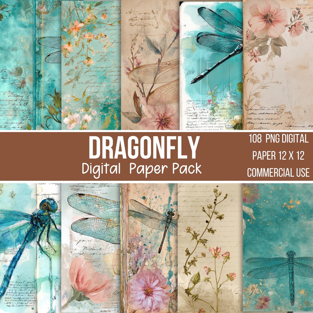 108 Dragonfly Digital Paper Pack, Scrapbooking Paper Kit, Floral ...