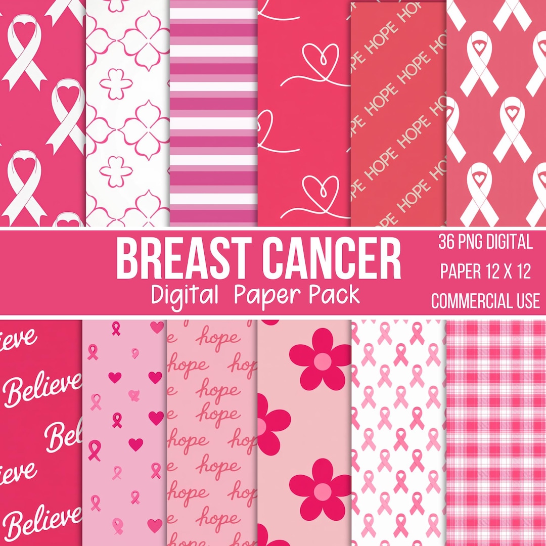 Breast Cancer Digital Paper, Pink Color Ribbons Printable Background ...
