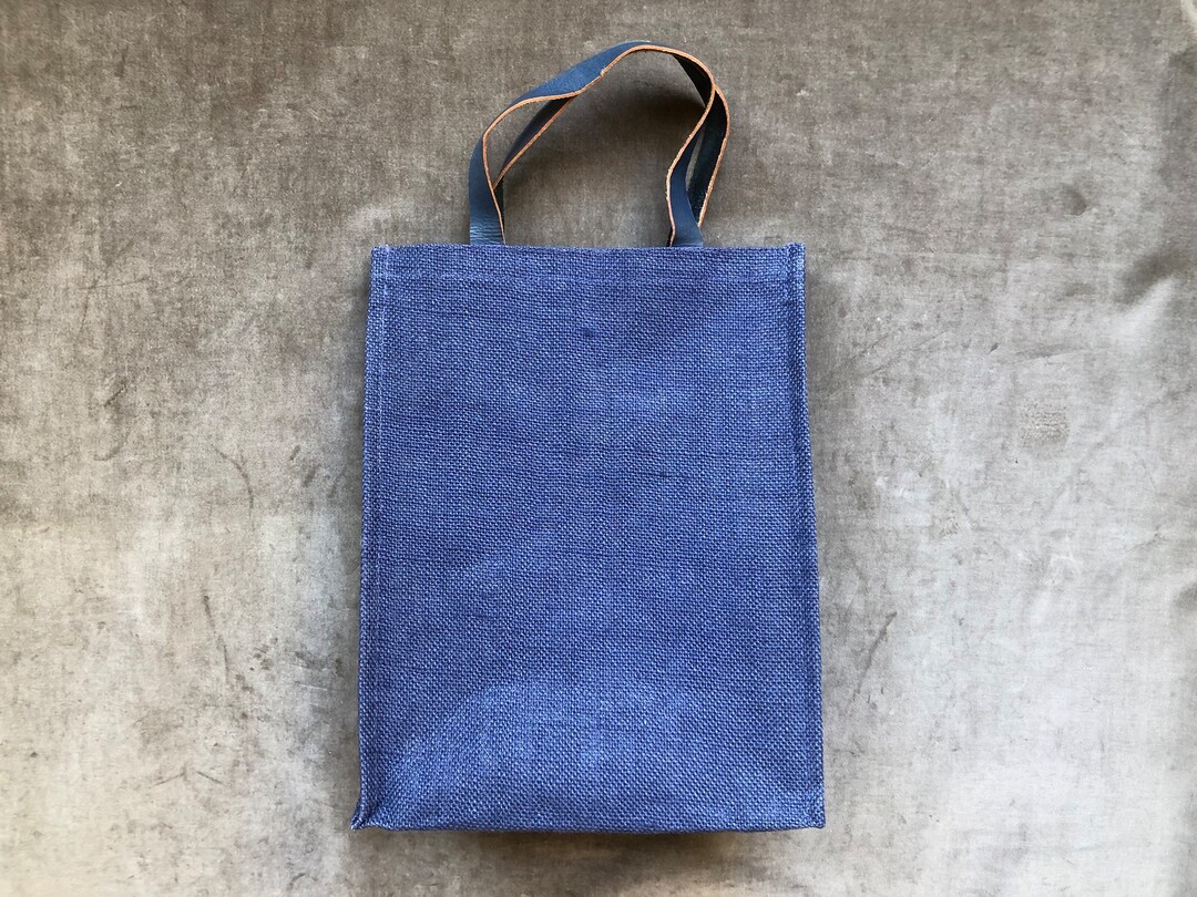 Small Burlap Woven Petite Simple Tote Bag Raffia Dark Blue Navy Leather ...