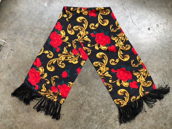 90s Black Silk Twill Long Neck Scarf Shawl 1990s Vint… - Gem