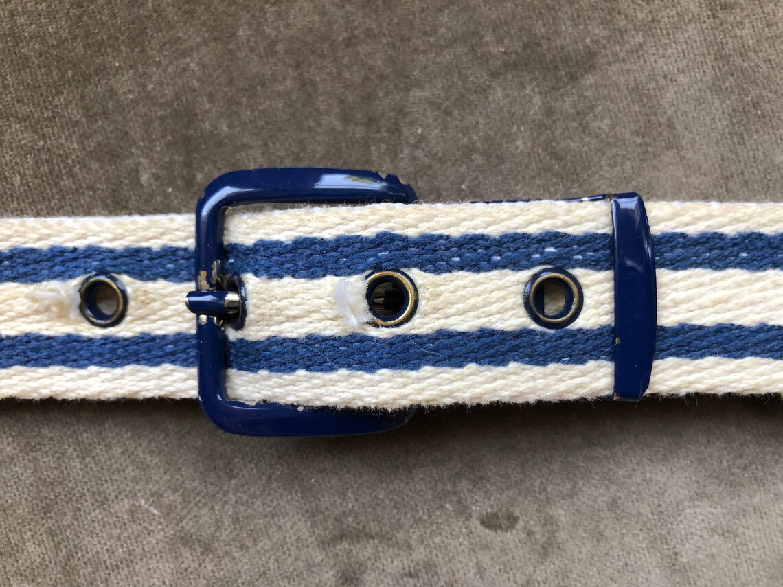 1960s 70s Retro Fabric Cotton White Blue Spoty Striped Woven Belt L XL ...