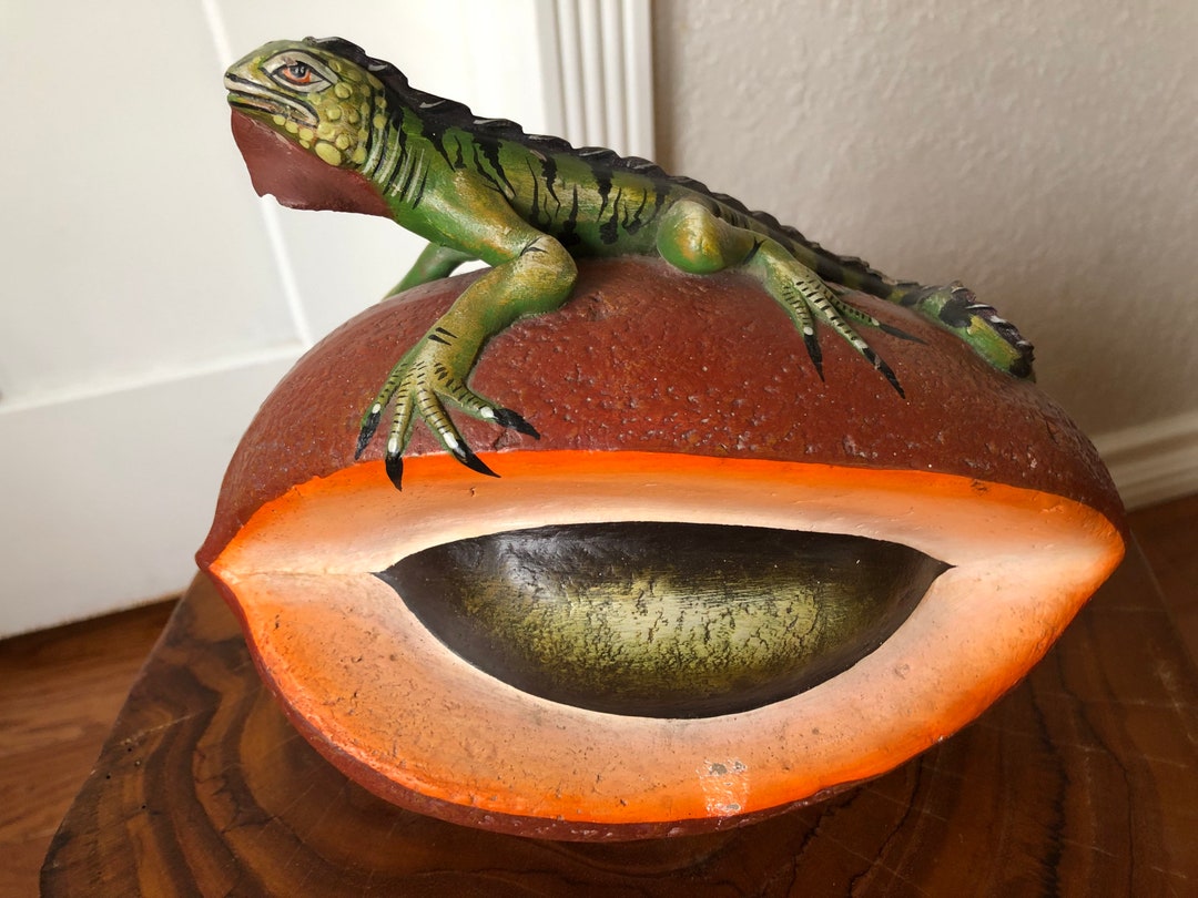 Vintage Mexican Iguana Lizard on Mamey Fruit Terracotta Clay Ceramic ...