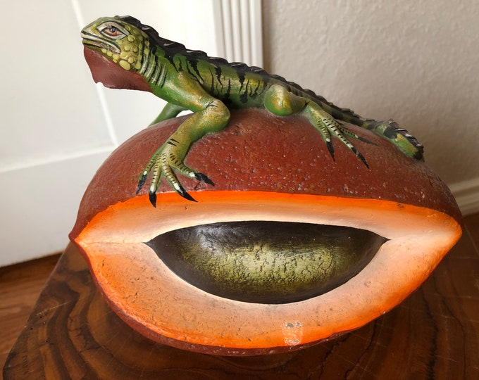 Vintage Mexican Iguana Lizard on Mamey Fruit Terracotta Clay Ceramic ...