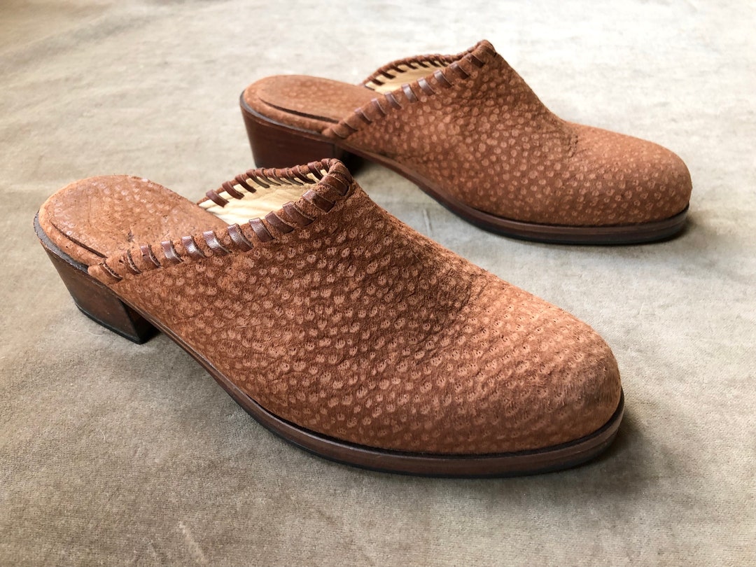 70s Handmade Brown Suede Leather Slip on Clogs Mules Shoes Almond Round ...
