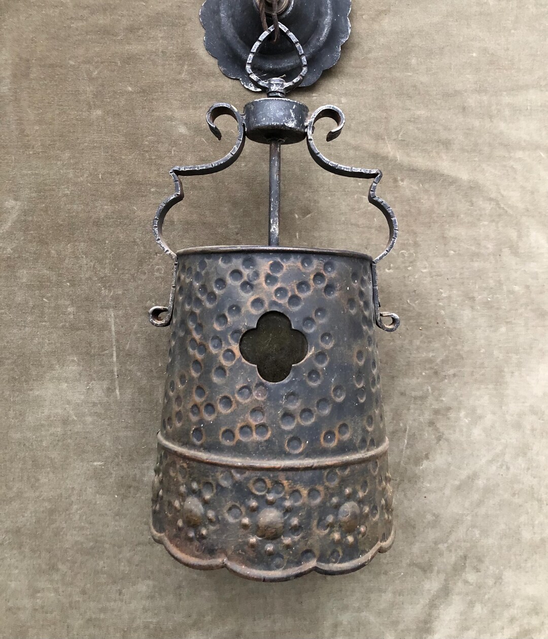 1960s Vintage Gothic Bucket Tudor Amber Glass Lantern Ceiling Pendant ...