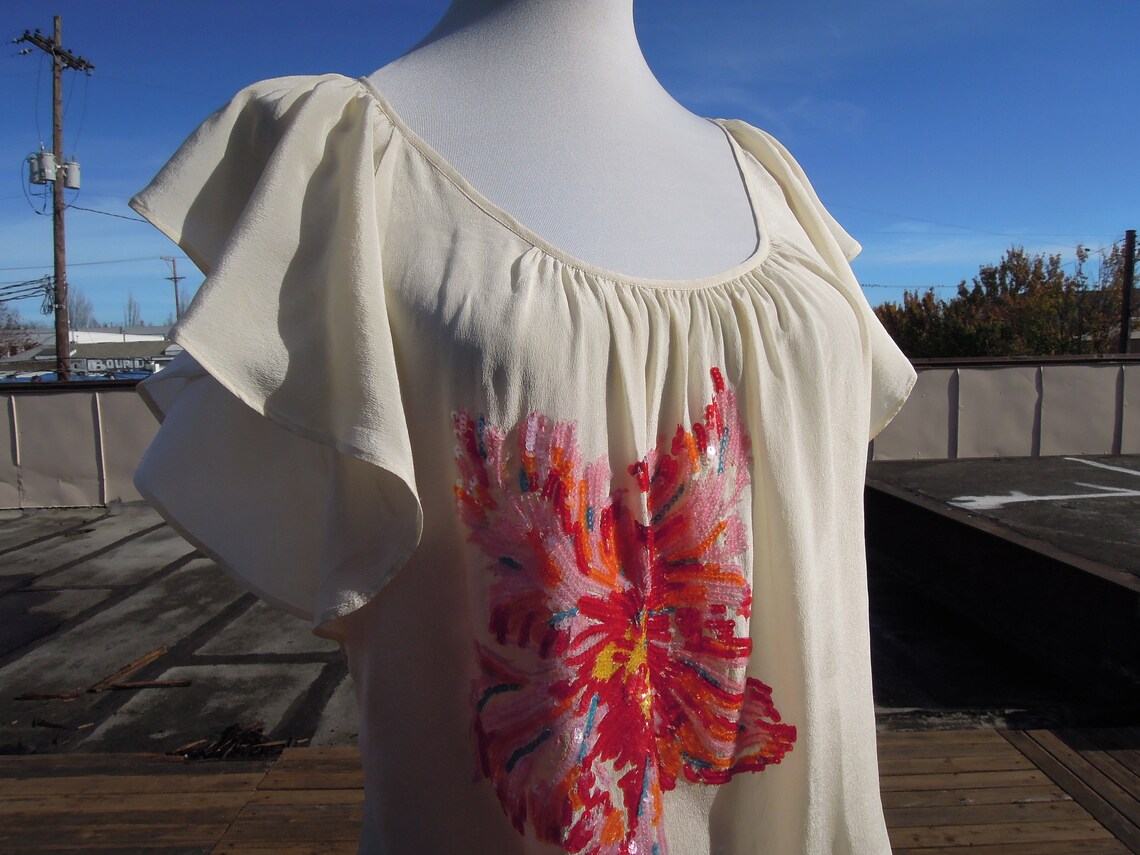 Vintage Silk Ivory Cream Flirty Flutter Thin Crepe Blouse With Etsy
