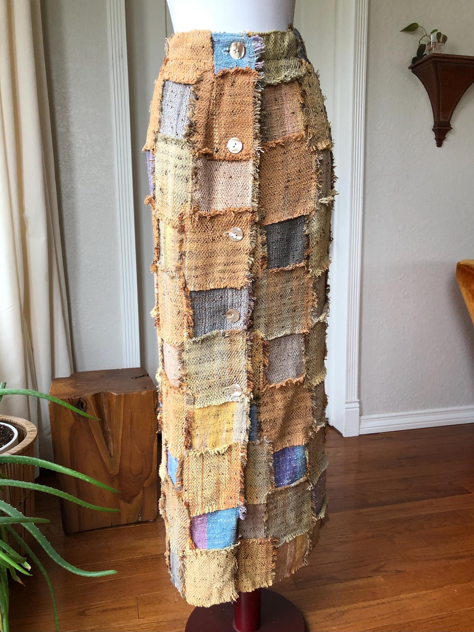 Y2k Raw Silk Art to Wear Tweed Woven Patchwork Long Pillar Skirt Raw ...