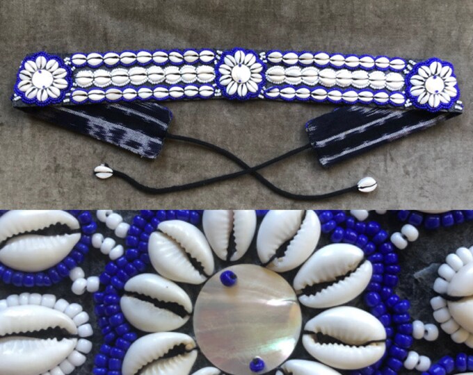 Beautiful Beaded Cowrie Shell Blue Glass Beaded Floral Handmade ...