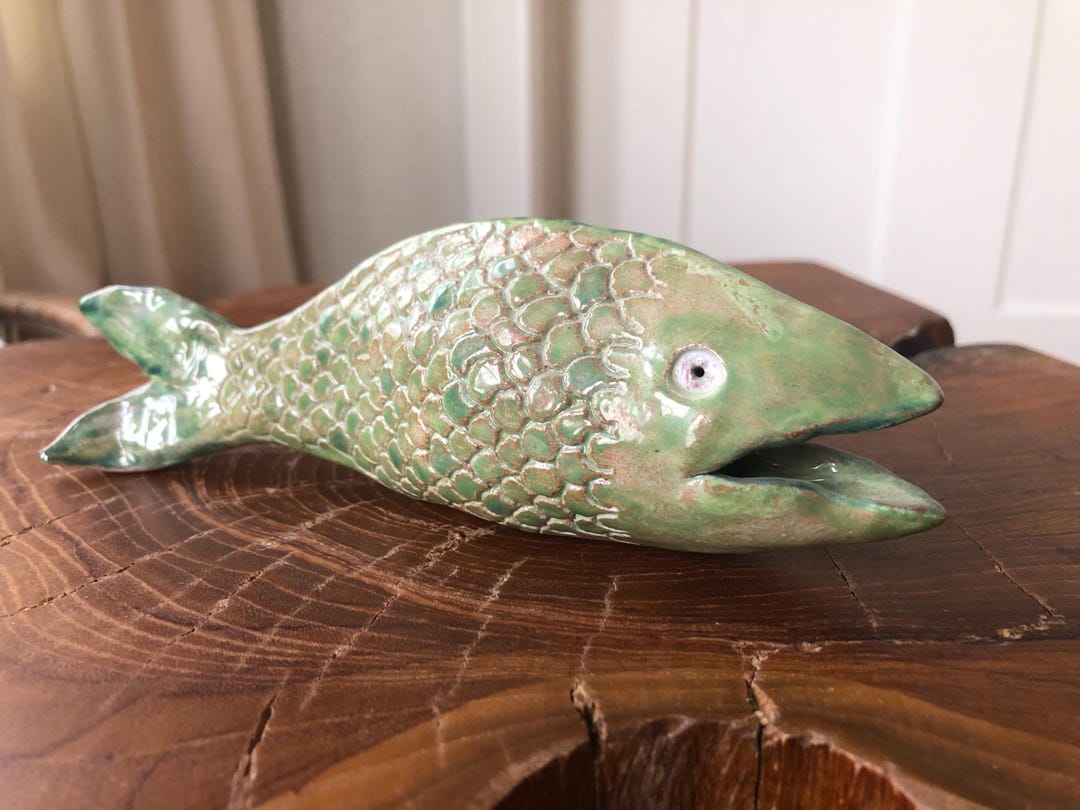 Hand Made Ceramic Scaley Glazed Green Fish Figurine Vintage 00s Clay ...
