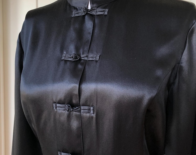 Silk Satin Black Cheongsam Deco Frog Button up Nehru Tab Collar Asian ...