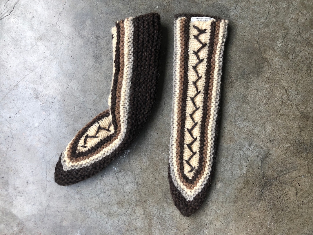 70s 80s Icelandic Wool Hand Knit Stockings Socks Boot Slippers Brown ...