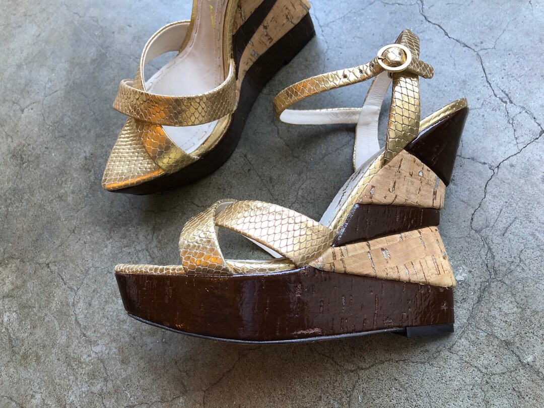 Vintage Gold Metallic Snakeskin Strappy Sculptural Disco Cork Wedge ...