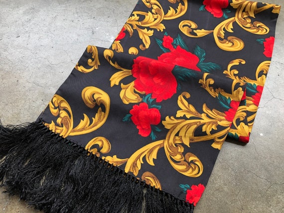 90s Black Silk Twill Long Neck Scarf Shawl 1990s Vint… - Gem