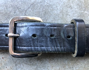 Thick Black Leather Work Belt Heavy Duty Chunky Silver Steel Oval Round ...