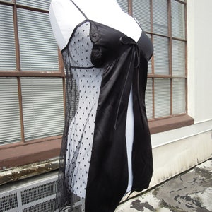 Vintage Silk Satin Sexy Black Swiss Dot Mesh Negligee Teddy Slip Sheer ...