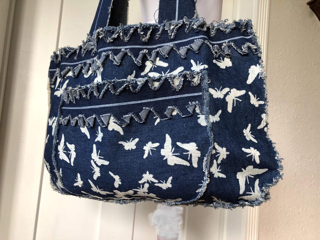 1970s Cotton Dark Blue Denim Bleach Butterfly Print Fabric Tote Bag ...