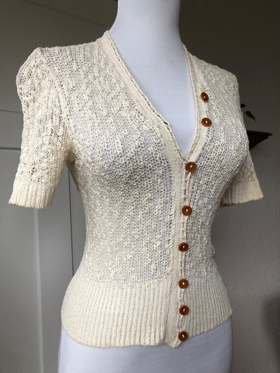 Antique 1930s 40s Nubby Linen Sheer Open Knit Cream I… - Gem