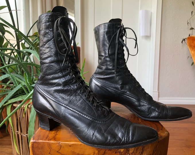 Antique Victorian Soft Black Leather Lace up Ankle Boots Size 6.5 7 ...