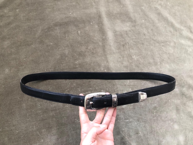 Skinny Black Leather Western Dress Belt Silver Tarnished Buckle ...