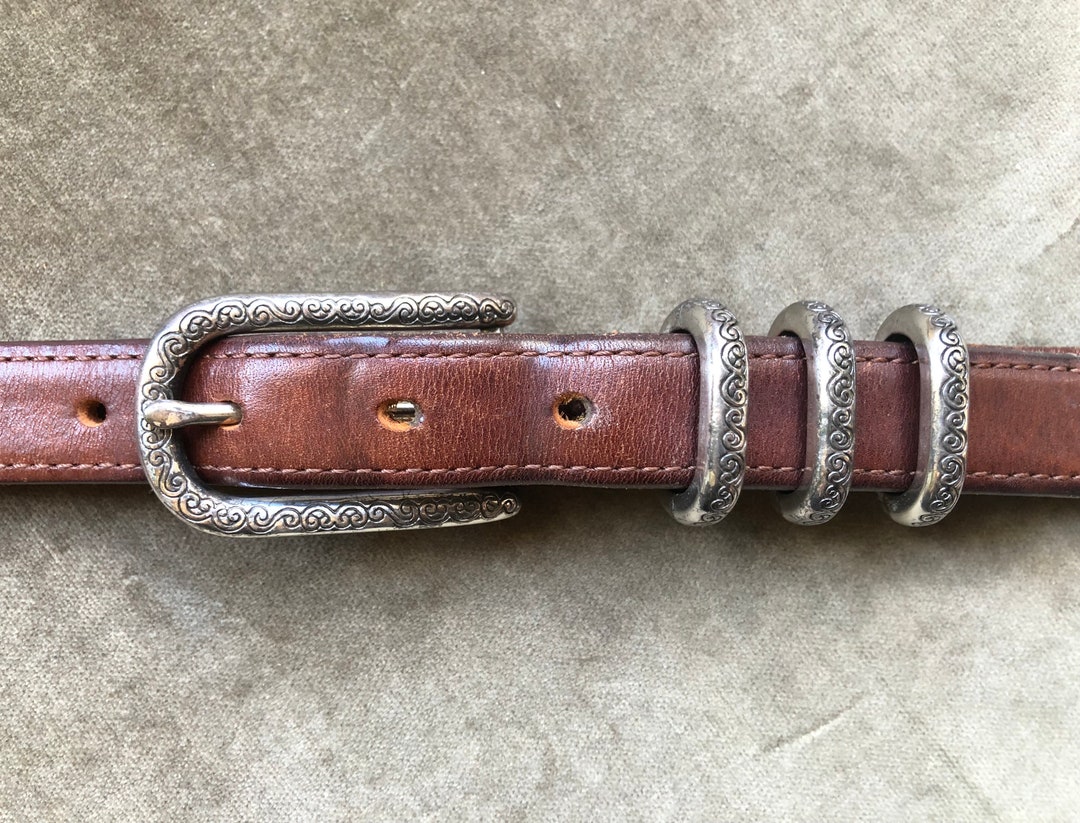 Skinny Aged Brown Leather Western Belt Silver Tone Buckle Loops Floral ...
