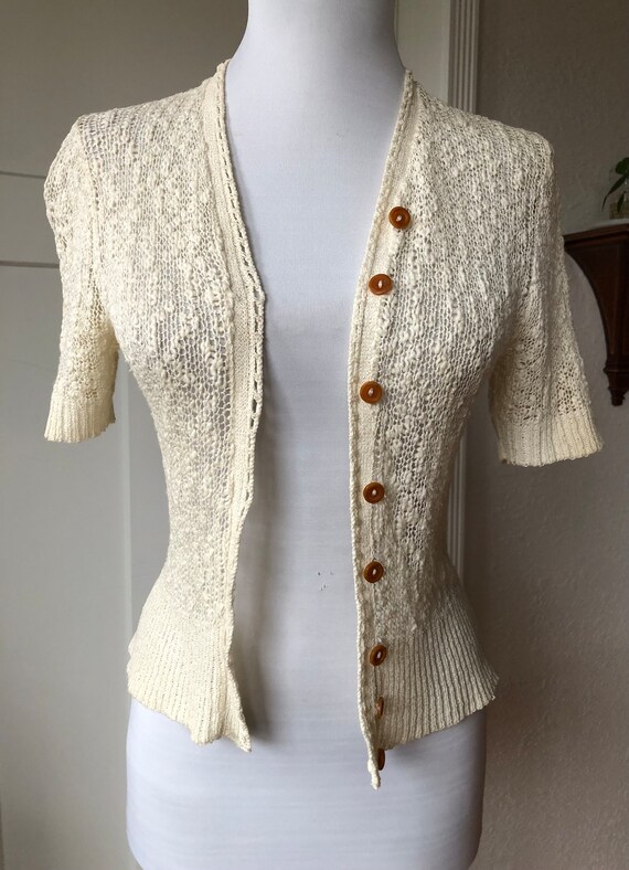 Antique 1930s 40s Nubby Linen Sheer Open Knit Cream I… - Gem