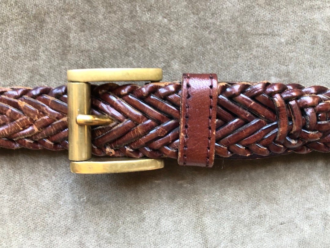 90s Slim Brown Leather Woven Belt Solid Brass Buckle 1990s Size S M 26 ...