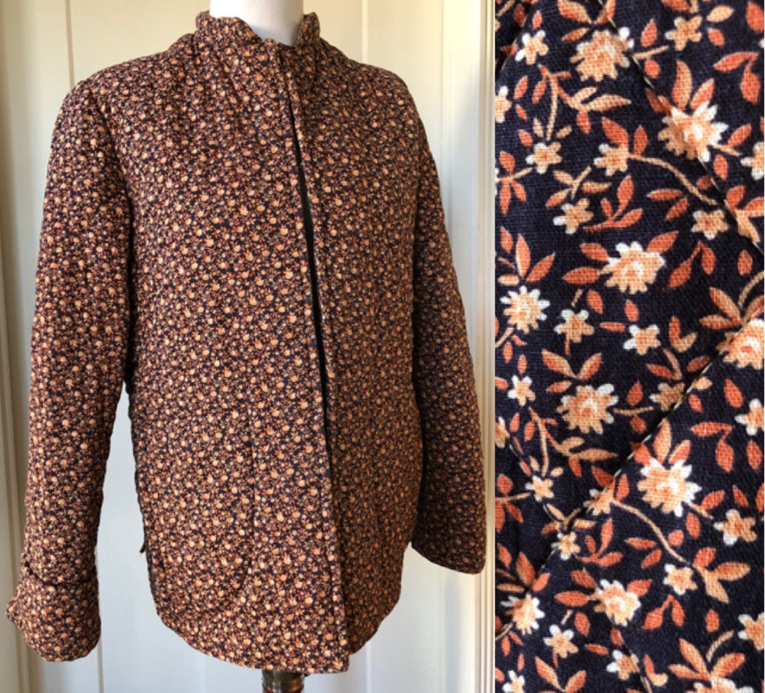 70s Black Calico Micro Orange Floral Print Cotton Quilted Open Front ...