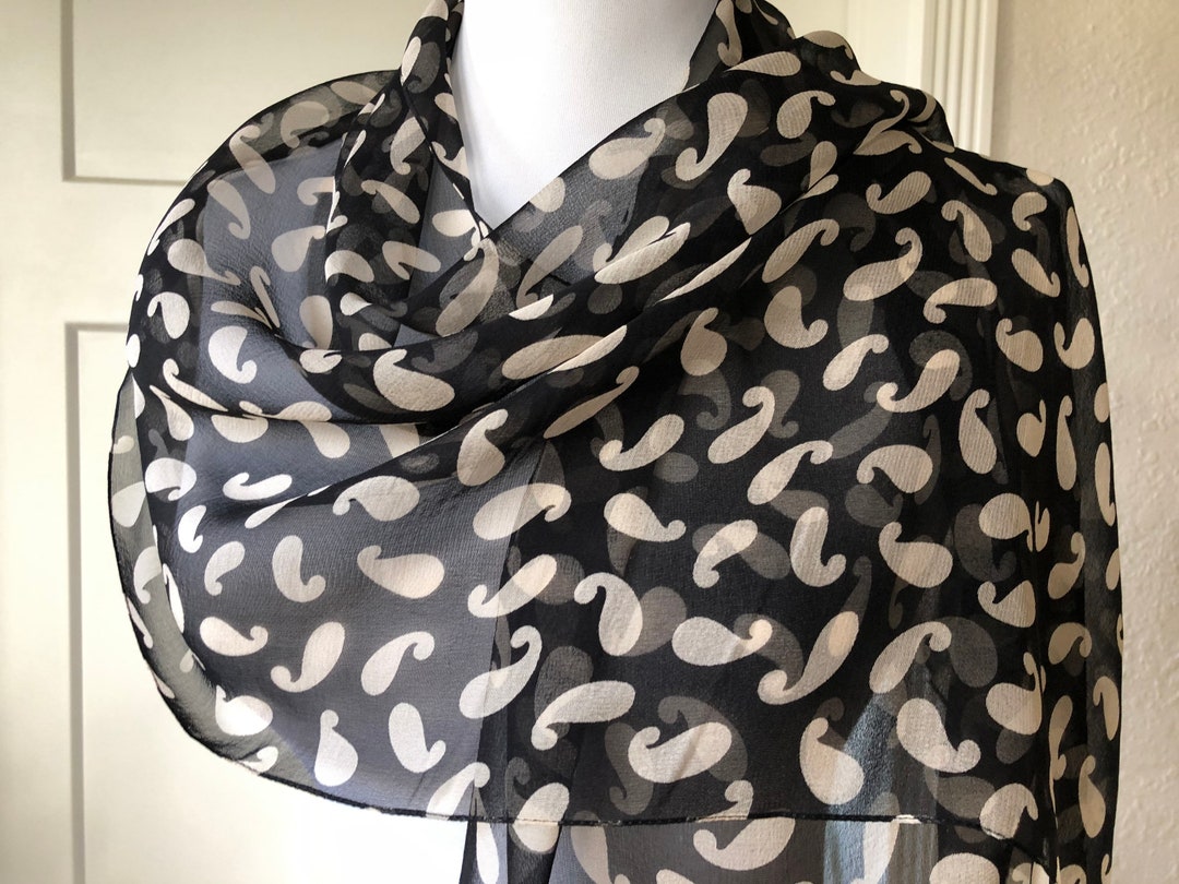 90s Sheer Silk Chiffon Black and White Mod Paisley Print Long Neck ...