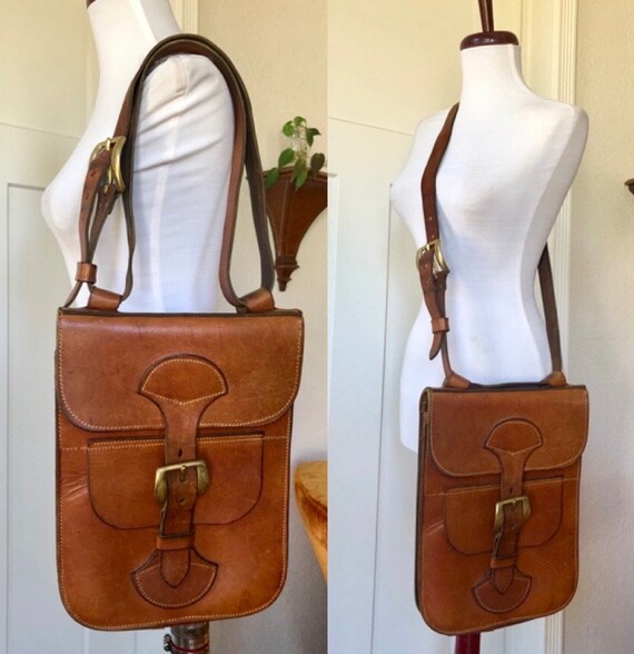 1960s 70s Thick Tan Leather Postman Satchel Shoulder … - Gem