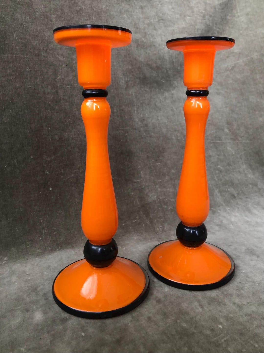 Antique 1910s 1920s Pair Set Bright Orange Hand Blown Tango Bohemia Art ...