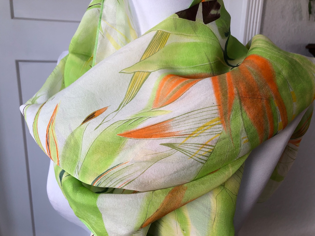 90s Sheer Silk Chiffon Floral Bird of Paradise Tropical Leaf Hawaiian ...