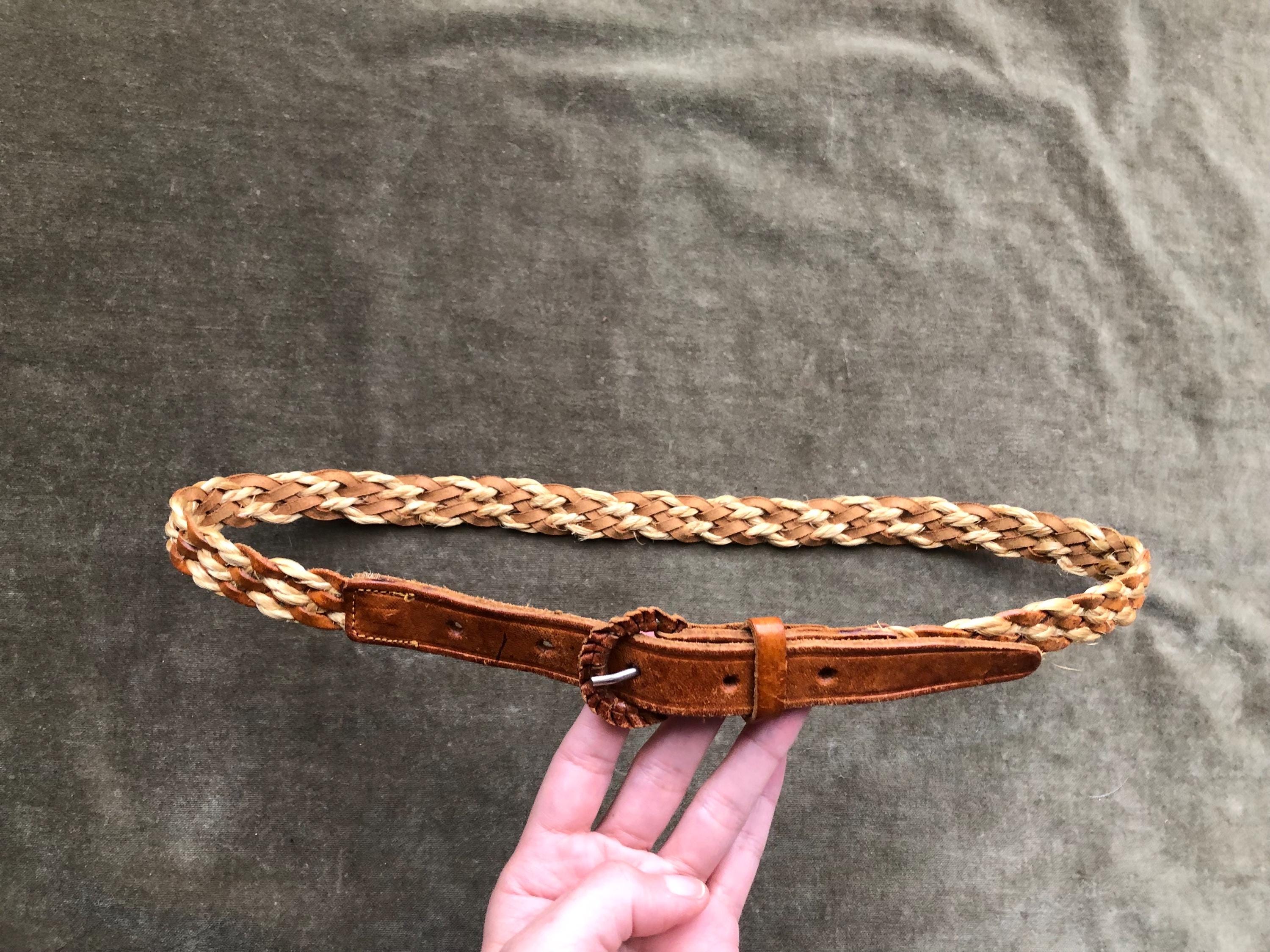 70s 80s Skinny Tan Leather Jute Natural Fiber Rope Woven Belt Vintage ...