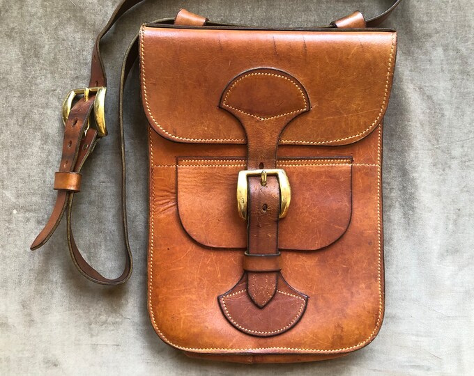 1960s 70s Thick Tan Leather Postman Satchel Shoulder Book Bag Bicycle ...