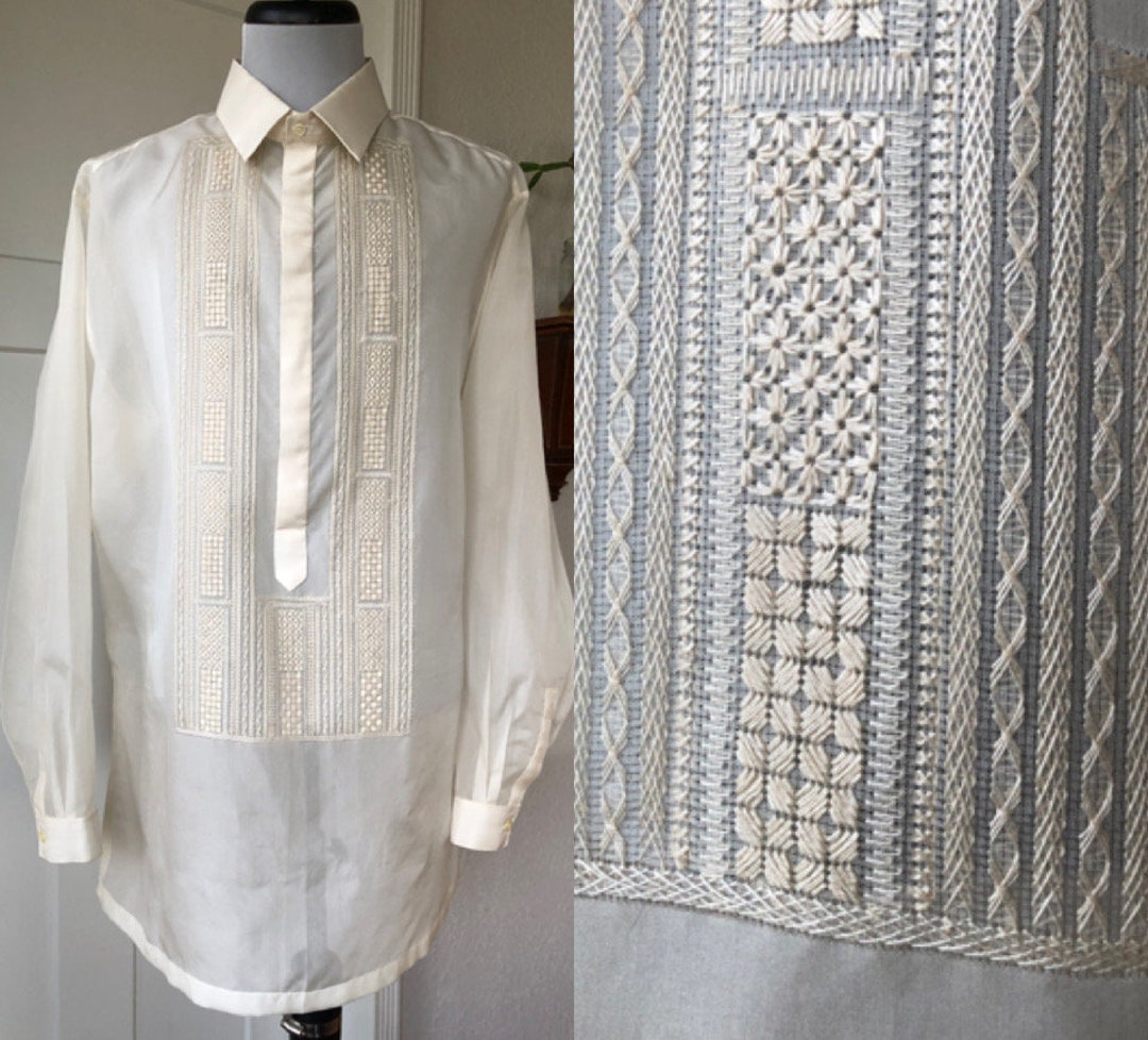 80s 90s Silk Organza Voile Semi Sheer Hand Embroidered Mens Pina Cocoon ...