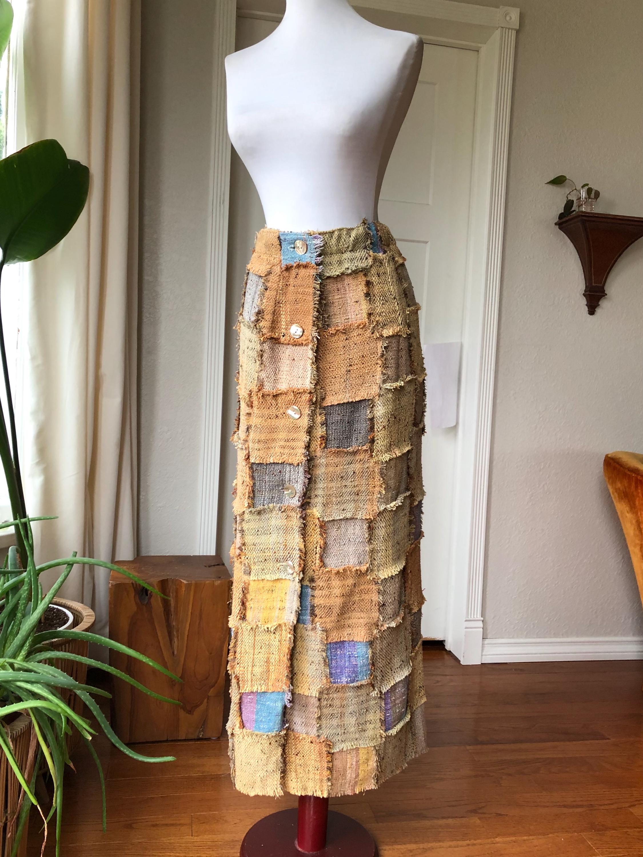 Y2k Raw Silk Art to Wear Tweed Woven Patchwork Long Pillar Skirt Raw ...
