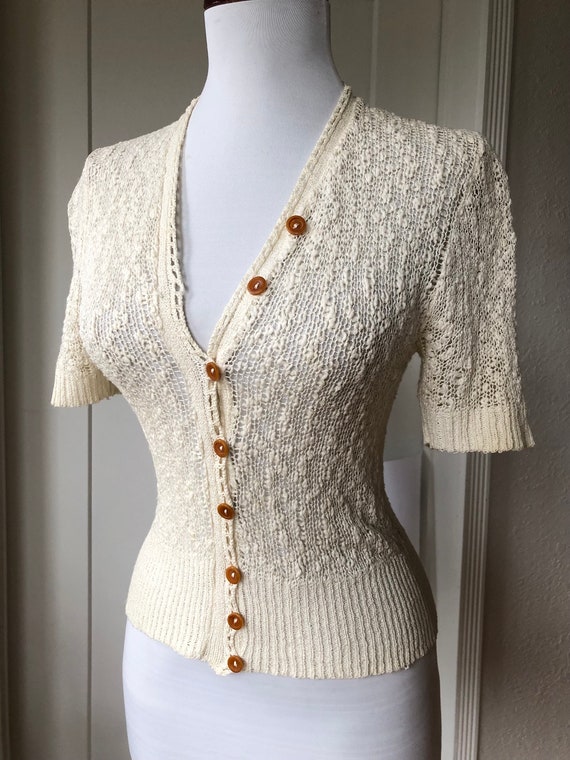 Antique 1930s 40s Nubby Linen Sheer Open Knit Cream I… - Gem