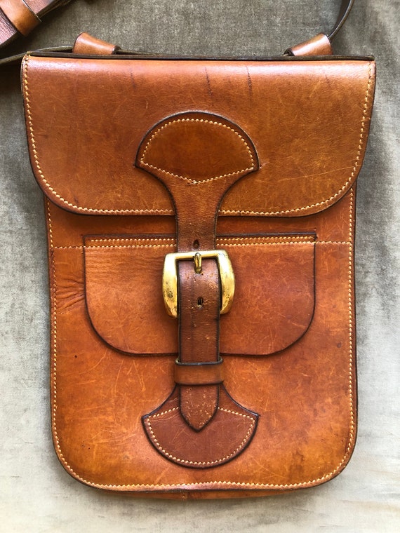 1960s 70s Thick Tan Leather Postman Satchel Shoulder … - Gem