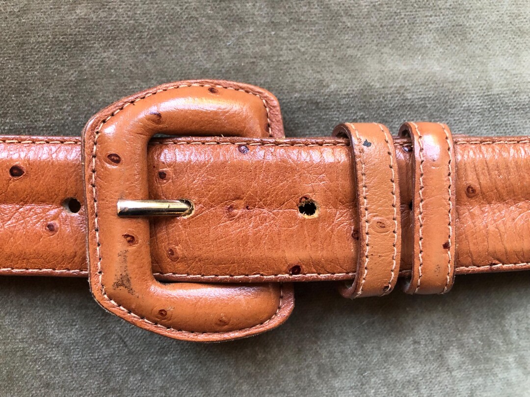 1970s 80s Ostrich Bump Embossed Tan Cognac Brown Leather Bumper Belt ...